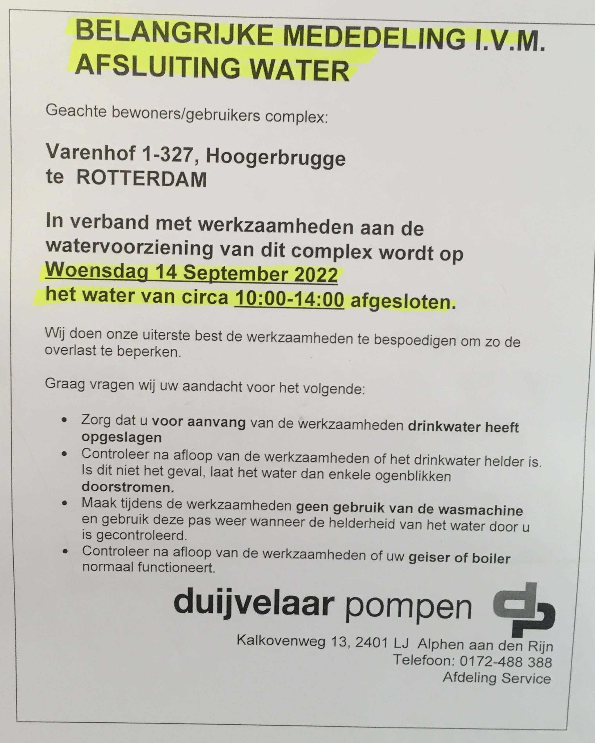 Water afsluiting – Informatie voor bewoners THB en over bewoning